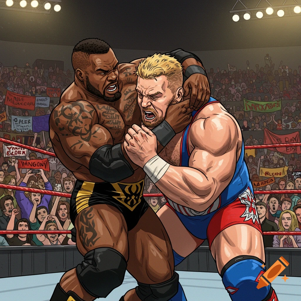 Cartoon illustration of two wrestlers grappling in a ring in front of a ...