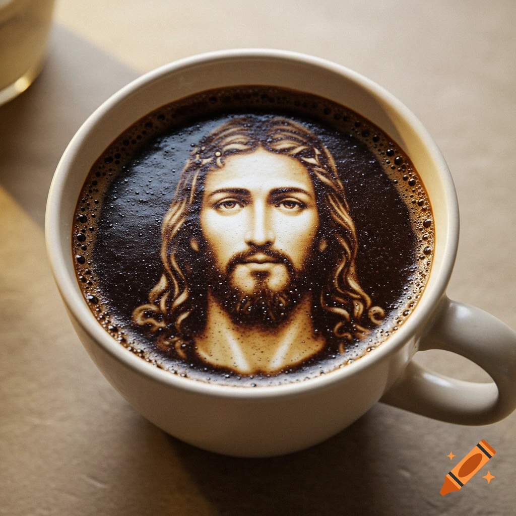 Close-up of a coffee cup with Jesus' face rendered in the foam/surface. on Craiyon