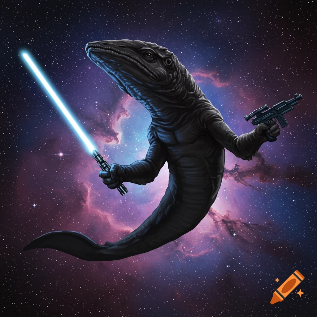 Creature resembling a Purgil from Star Wars wielding a blue lightsaber ...