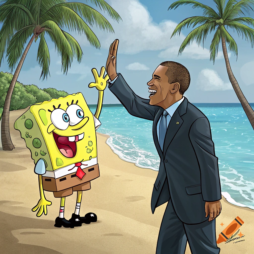 Spongebob Squarepants high fiving Obama in Hawaii on Craiyon