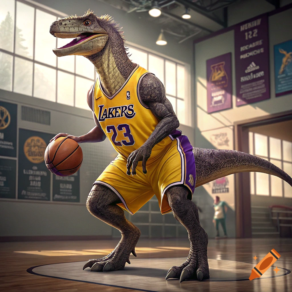 Lebron James as a dinosaur in a Lakers jersey on Craiyon