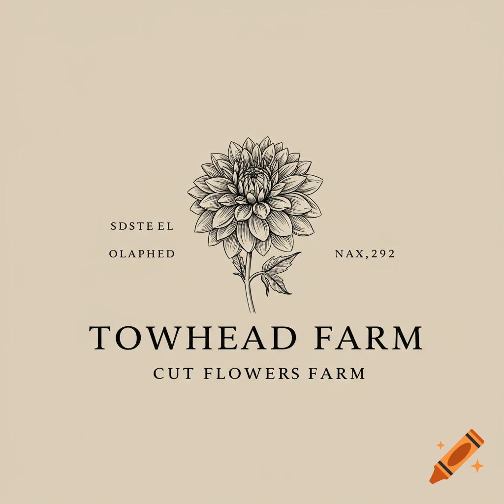 Towhead Farm logo featuring a dahlia sketch on Craiyon