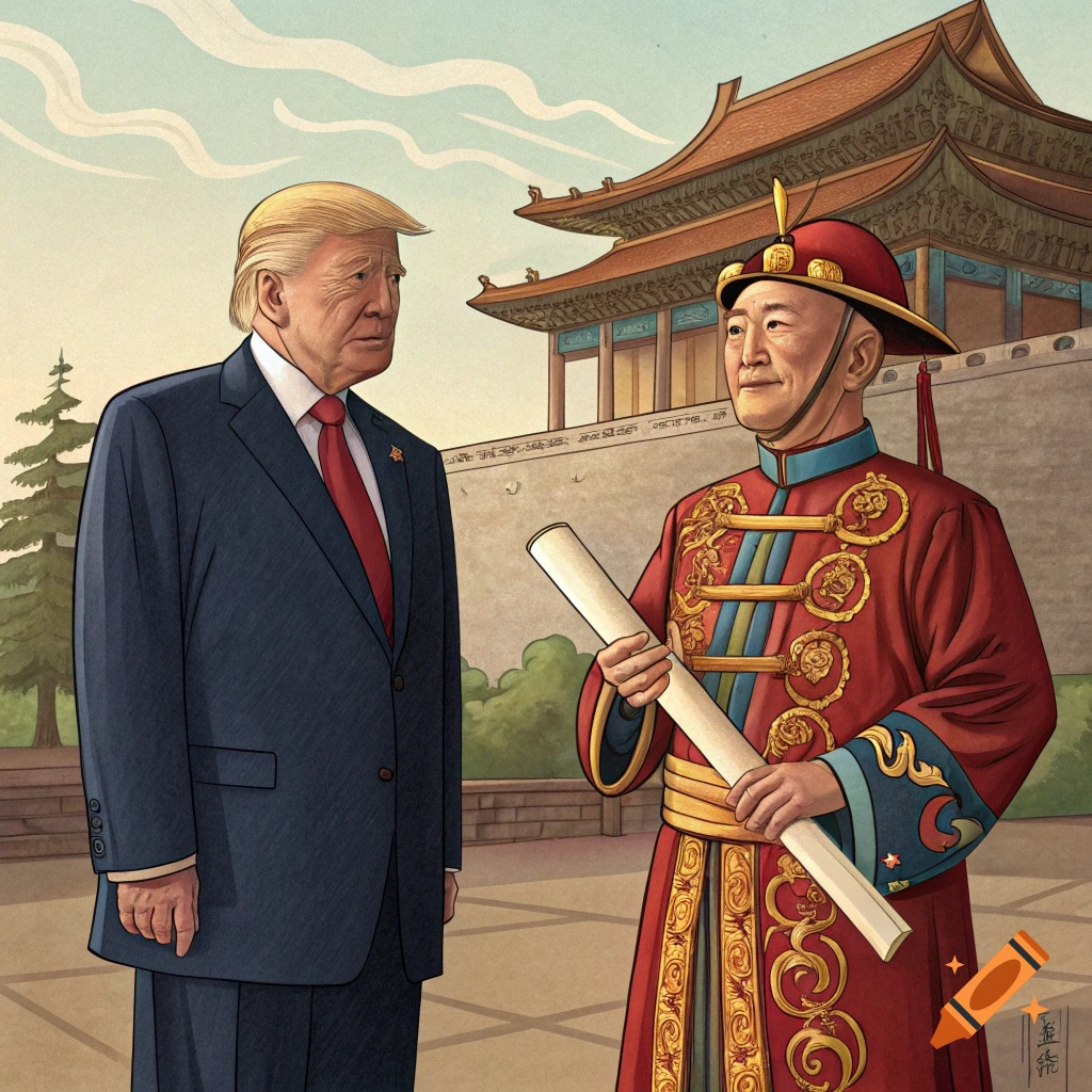 Illustration of Donald Trump next to a man in ornate attire holding a ...