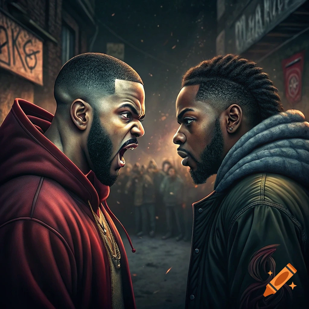 Drake and Kendrick Lamar fighting on Craiyon