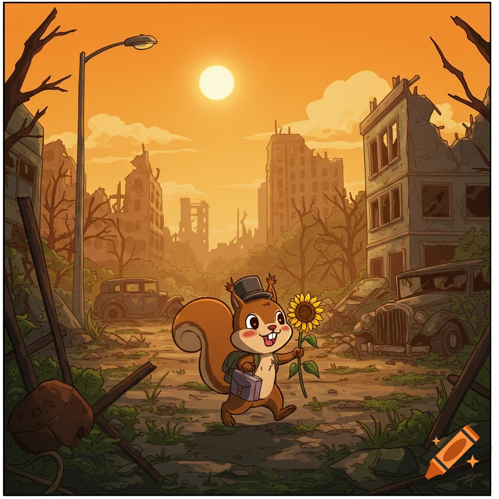 A cute cartoon squirrel with a briefcase and sunflower walks through ...