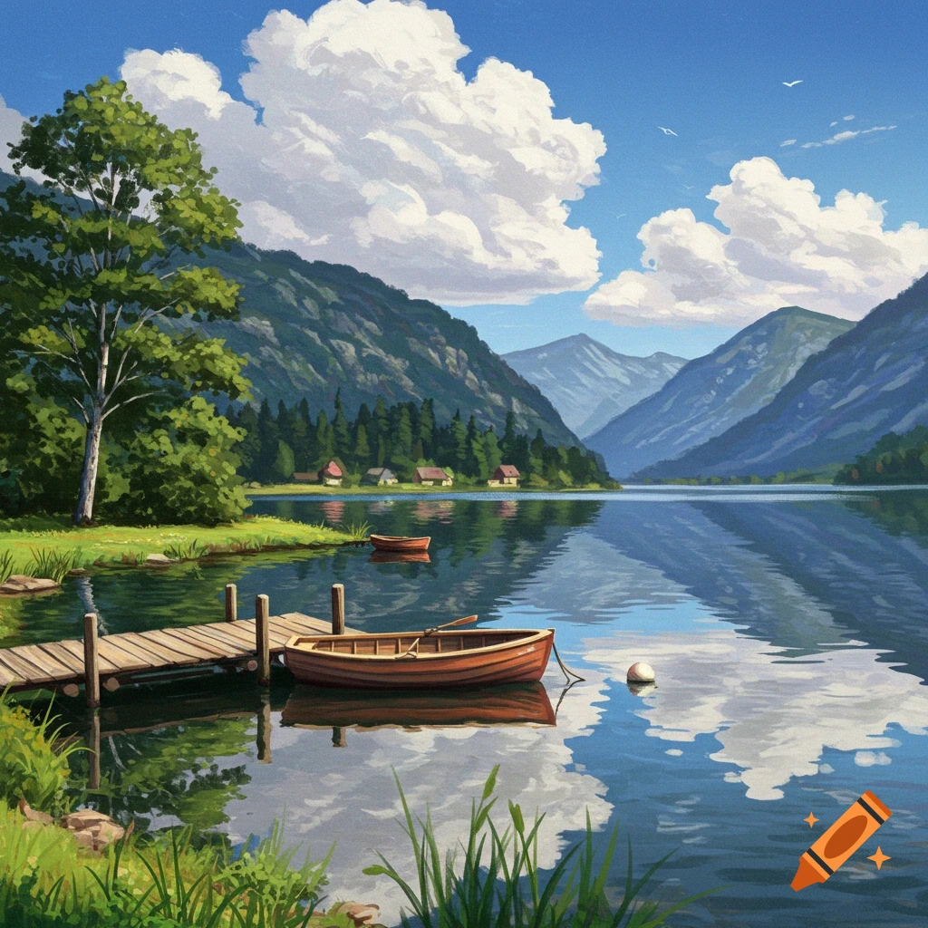 Monet-style painting of mountains, lake, rowboats, and dock on Craiyon