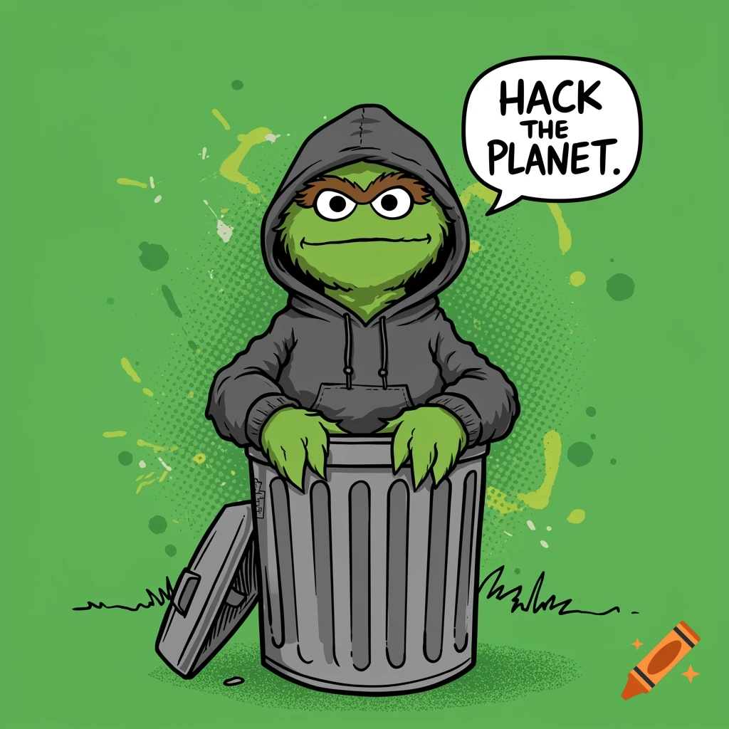 Oscar the Grouch in a hoodie with a text bubble saying 'hack the planet' on Craiyon