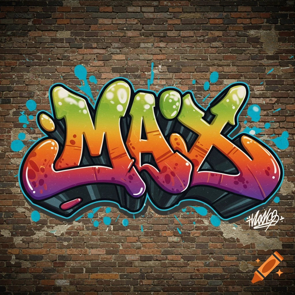 Graffiti art of the word MAX in bubble letters on a brick wall on Craiyon