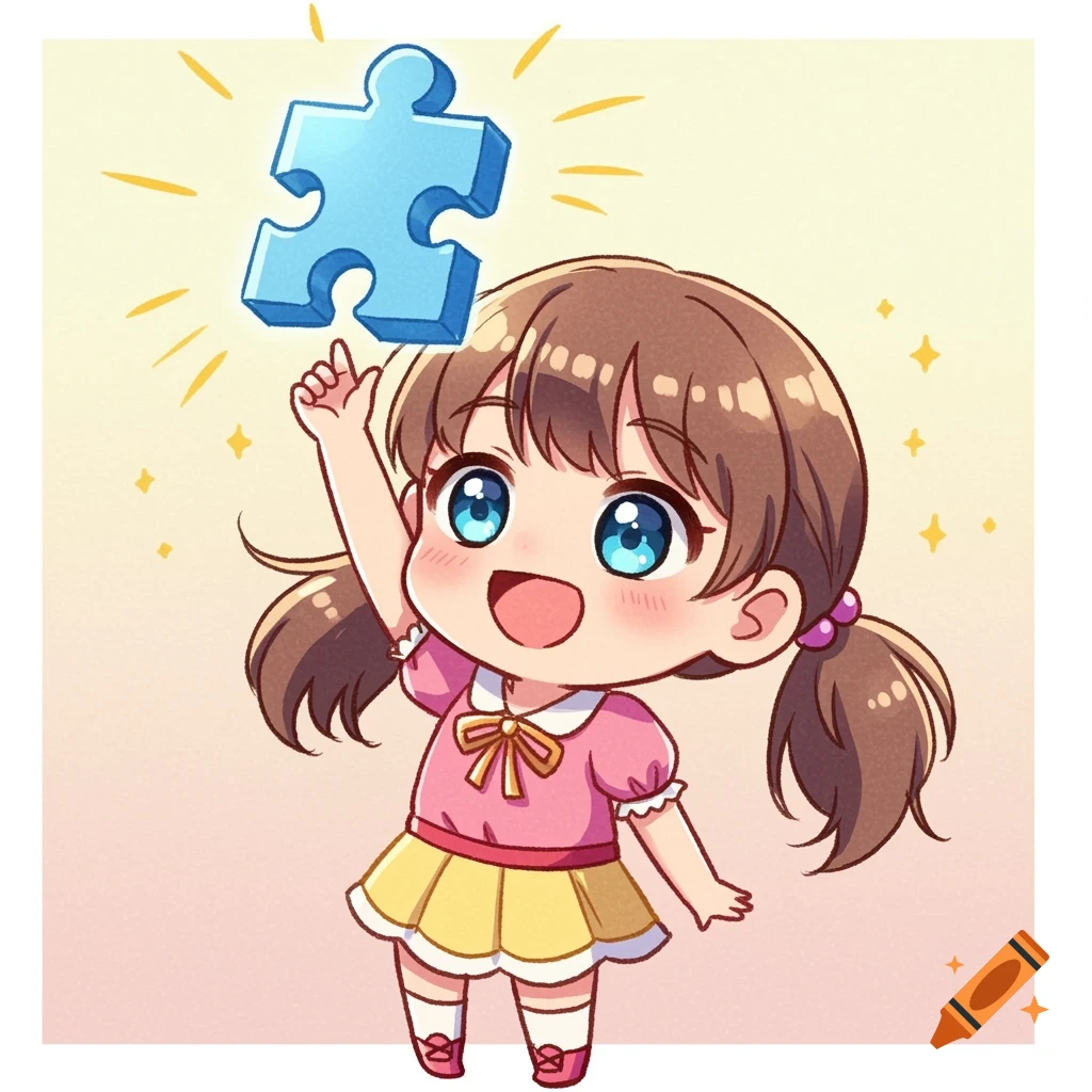 Chibi-style illustration of a girl holding a puzzle piece on Craiyon