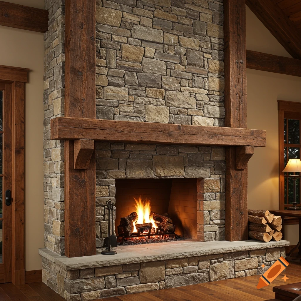 Rustic gas fireplace with wood surround and stone chimney on Craiyon
