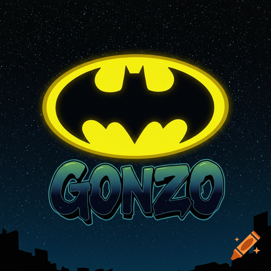 Batman logo in the night sky above the word GONZO and a city skyline. on Craiyon
