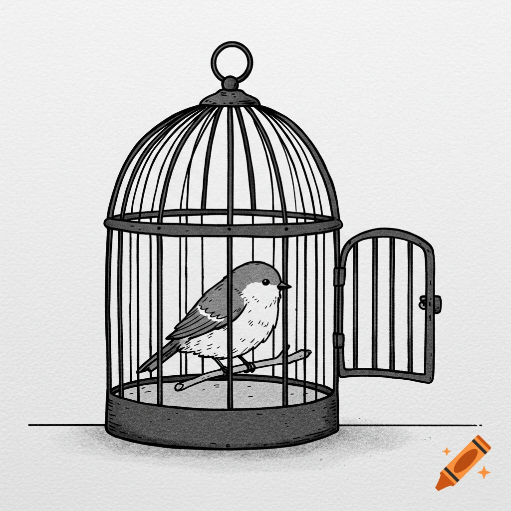 Bird in an open cage in black and white on Craiyon