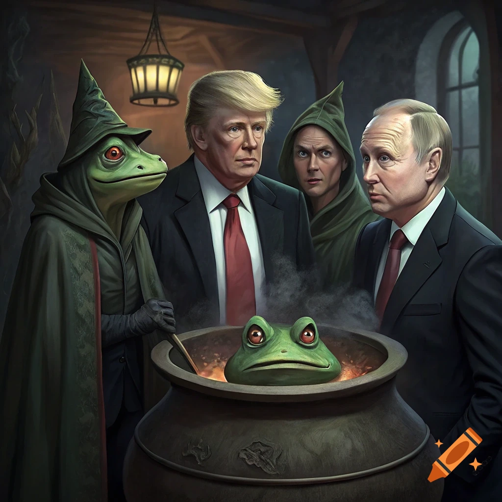 Elon Musk, Donald Trump, and Vladimir Putin around a cauldron with ...