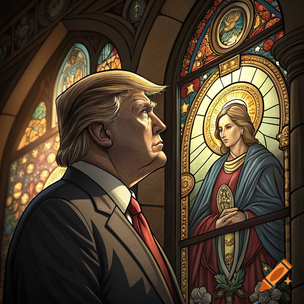 Illustration of figure resembling Trump speaking at a church podium ...