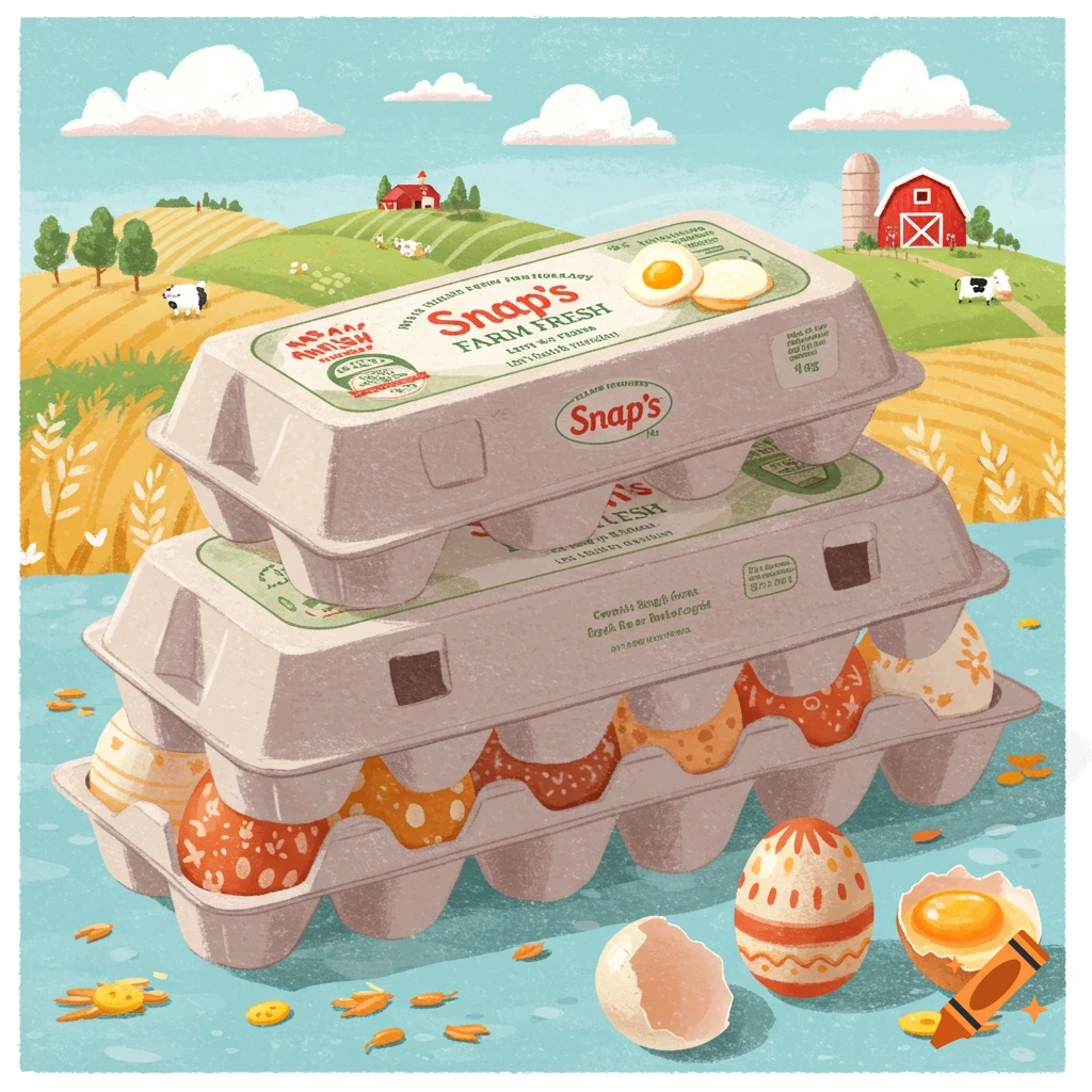 Stylized illustration of stacked Snap's Farm Fresh egg cartons with ...