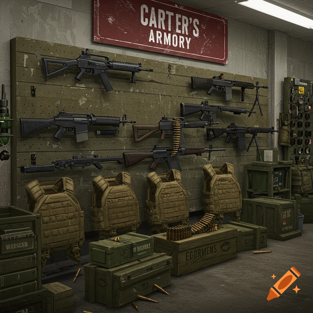 Gun store with machine guns, plate carriers, and ammo crates on Craiyon