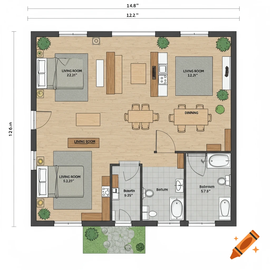 House CAD layout with two rooms and one kitchen on Craiyon