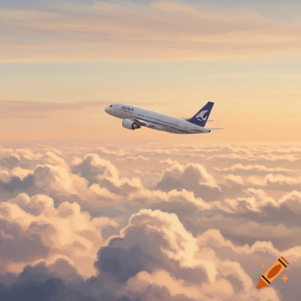 Plane flying through clouds with warm color palette on Craiyon