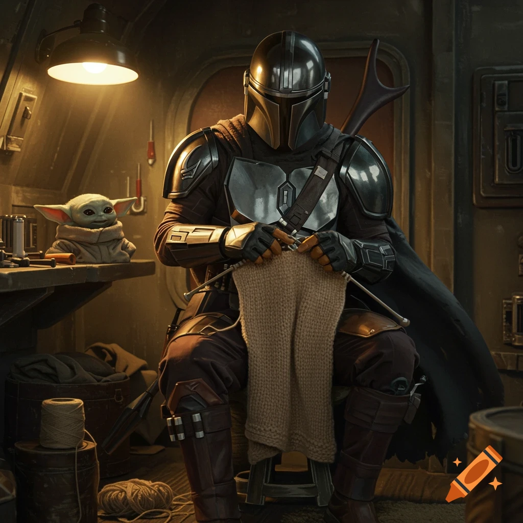 The Mandalorian knitting Grogu a sweater on Craiyon