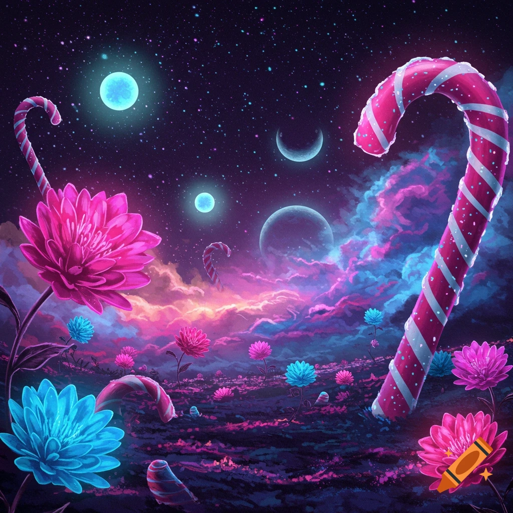 Fluorescent space atmosphere with flowers, moons, and candy canes on ...