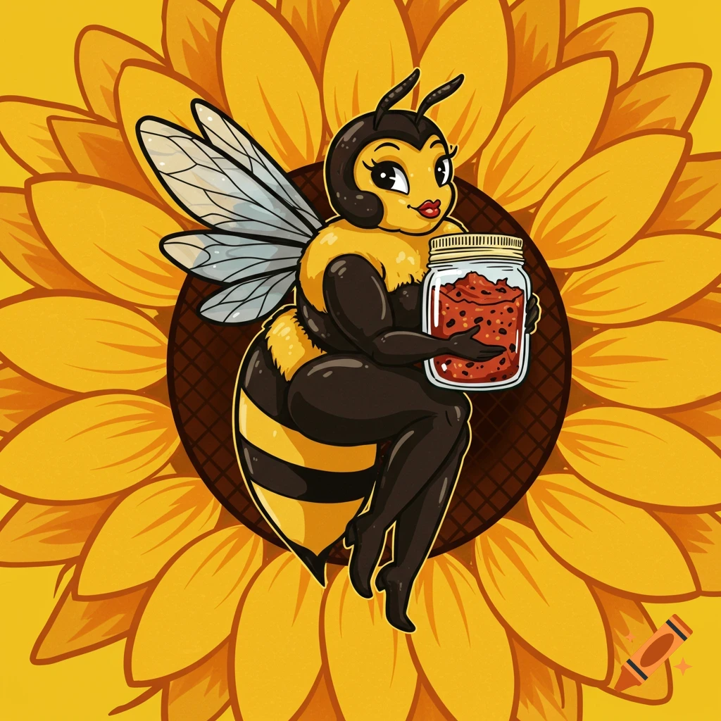 Cartoon logo of a pin-up style bee holding sofrito in a mason jar, set ...