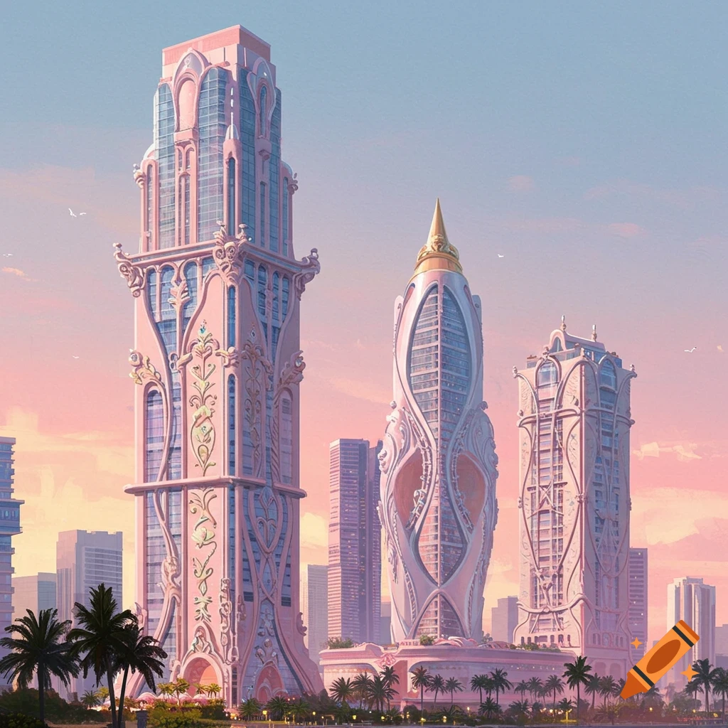 Future rococo architecture in a city with palm trees and a pink sky. on Craiyon