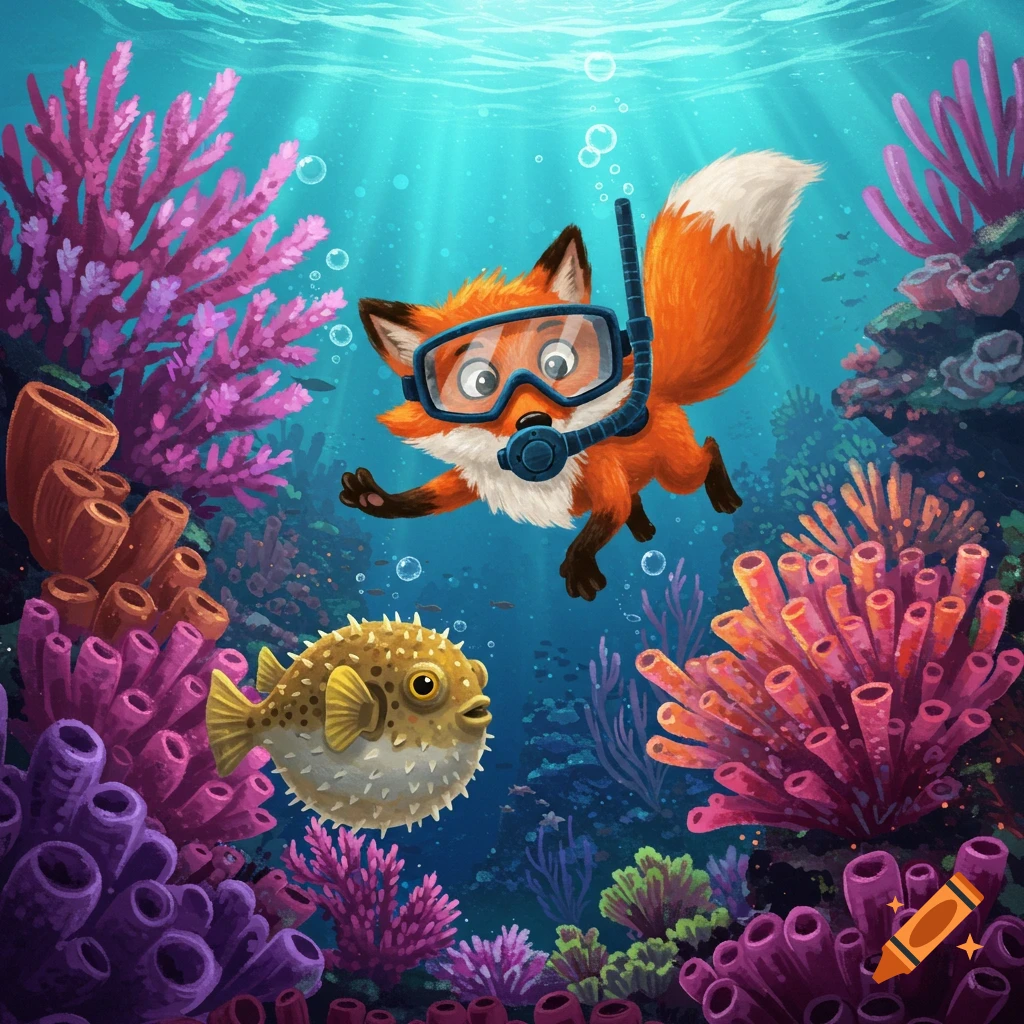 Fox wearing scuba mask underwater with pufferfish and coral on Craiyon