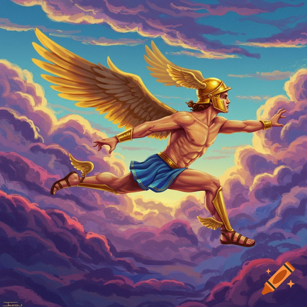 Hermes with golden wings and armor flying through colorful clouds in a ...