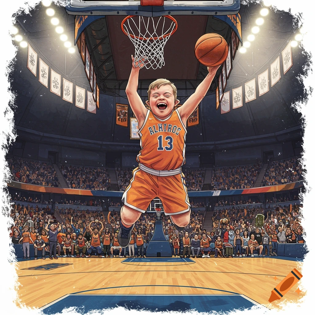 Young male basketball player holds ball in gym with crowd watching ...