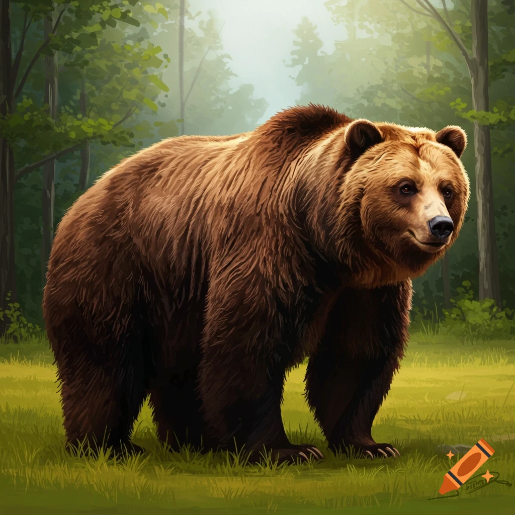 A large brown bear stands looking forward in a sunlit forest clearing ...