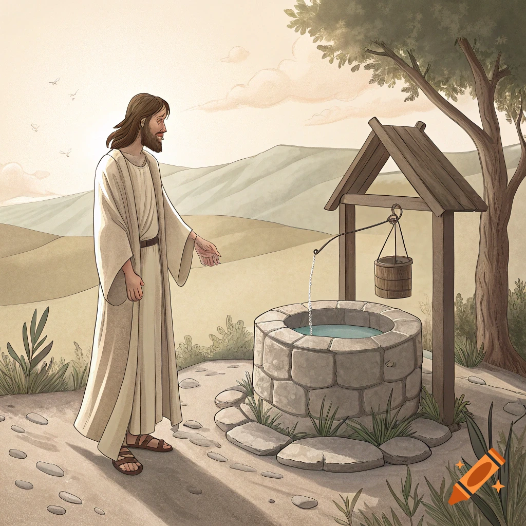 Jesus stands next to a stone well in a light brown landscape ...