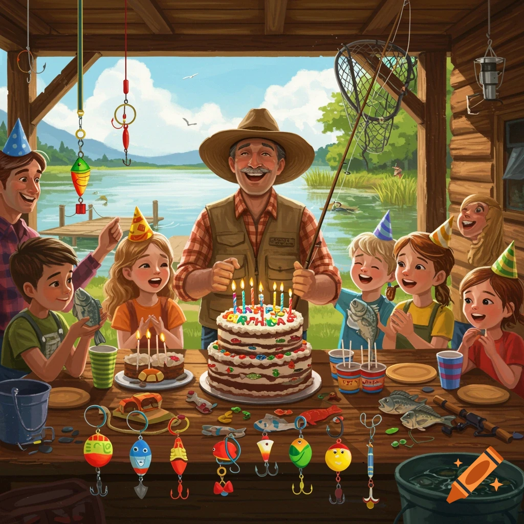 Illustration of a family celebrating a fishing birthday party outdoors ...