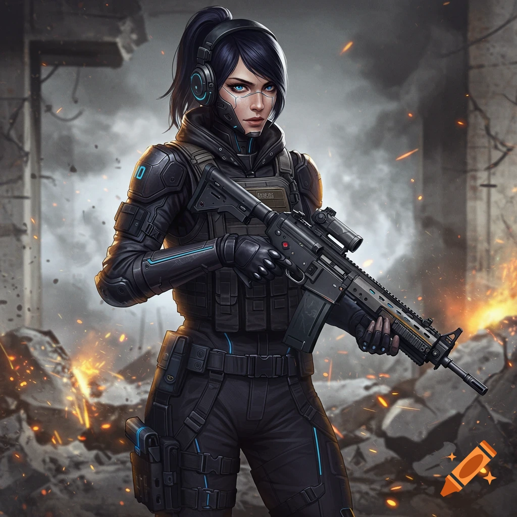 Female siege operator carrying teammate on Craiyon