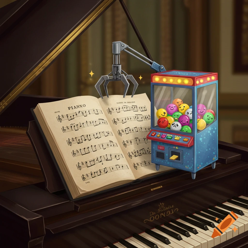 Claw machine flipping pages of a piano book on a piano on Craiyon