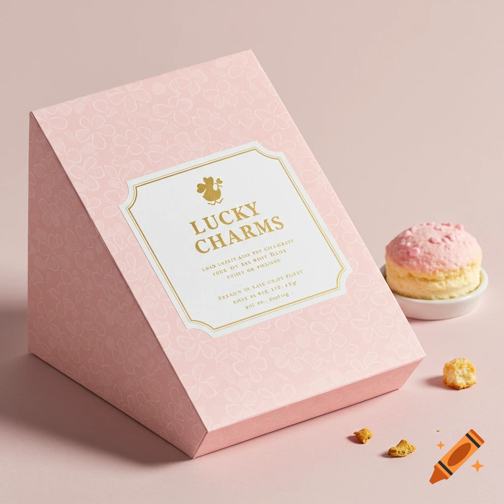 Preppy pink small business packaging with Lucky Charms logo on Craiyon