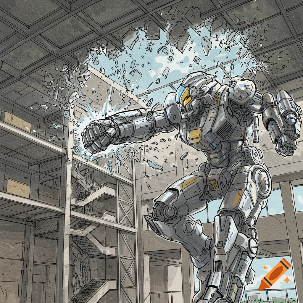 Drawing of a giant mech punching through a building ceiling on Craiyon