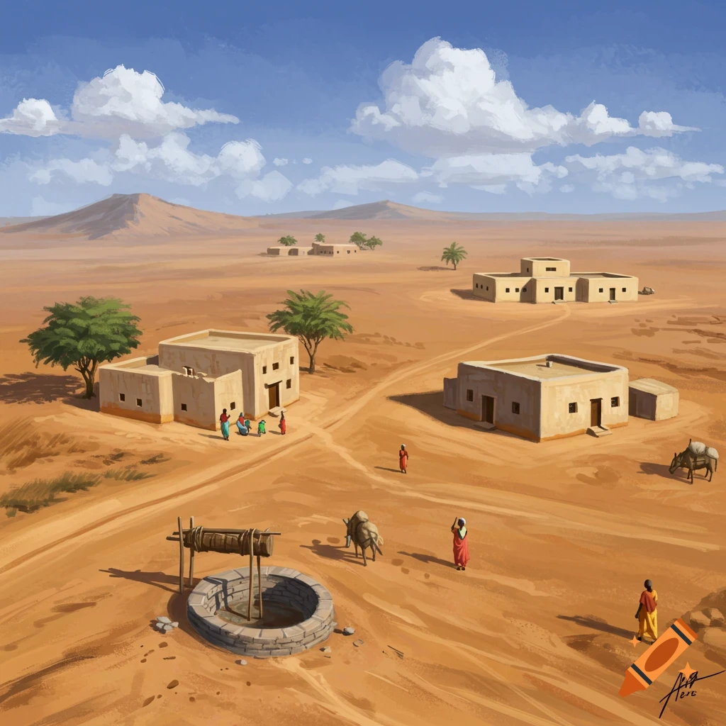 A small village with traditional huts, people, and goats in a desert ...