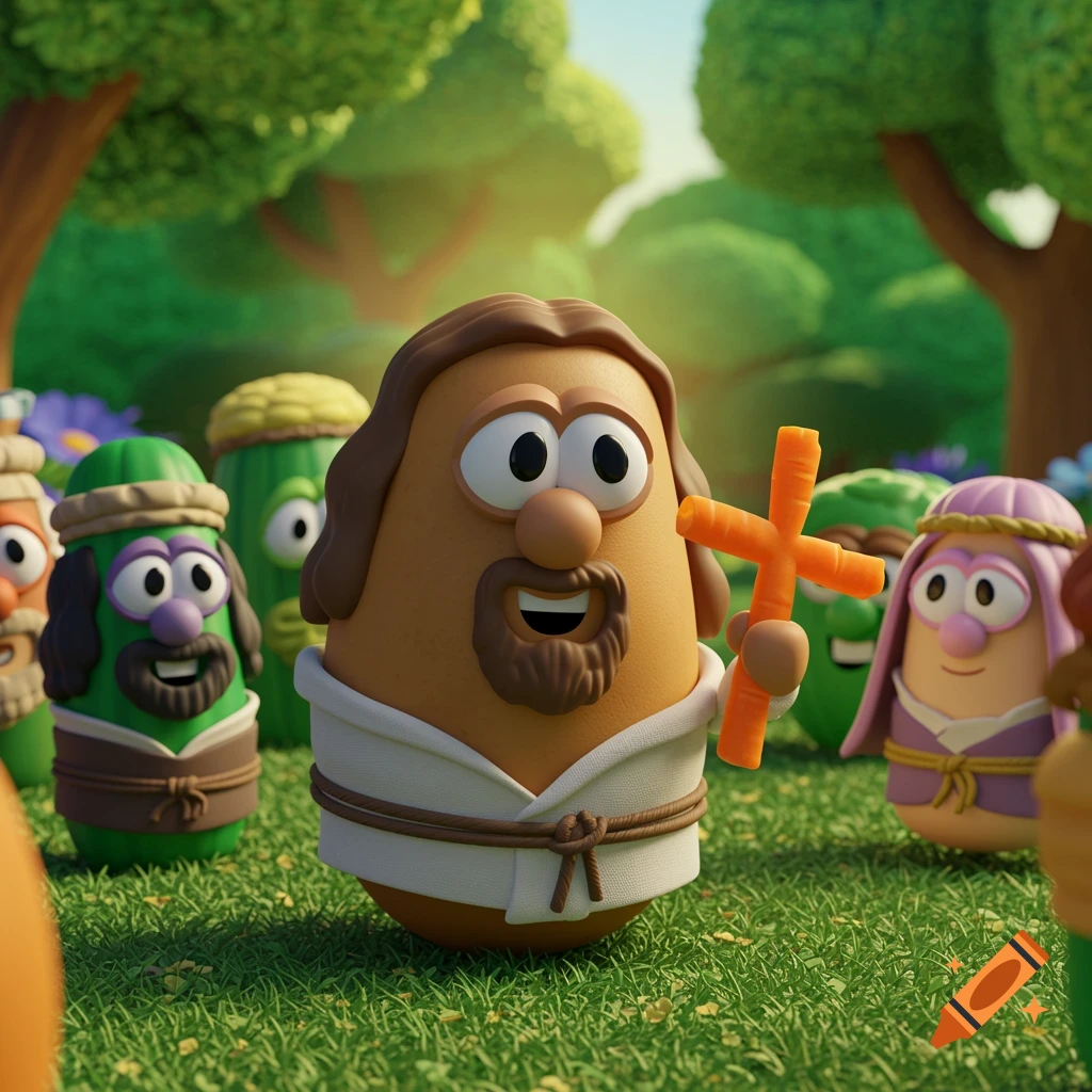 Cartoon potato character resembling Jesus holds a carrot cross in a ...