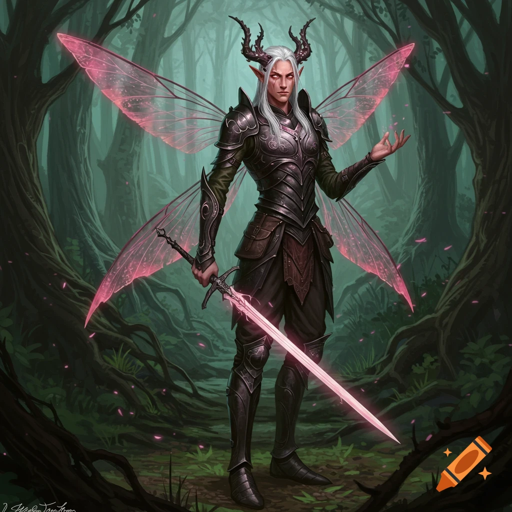 Battle-worn fae warrior in enchanted forest with silver hair, dragonfly ...
