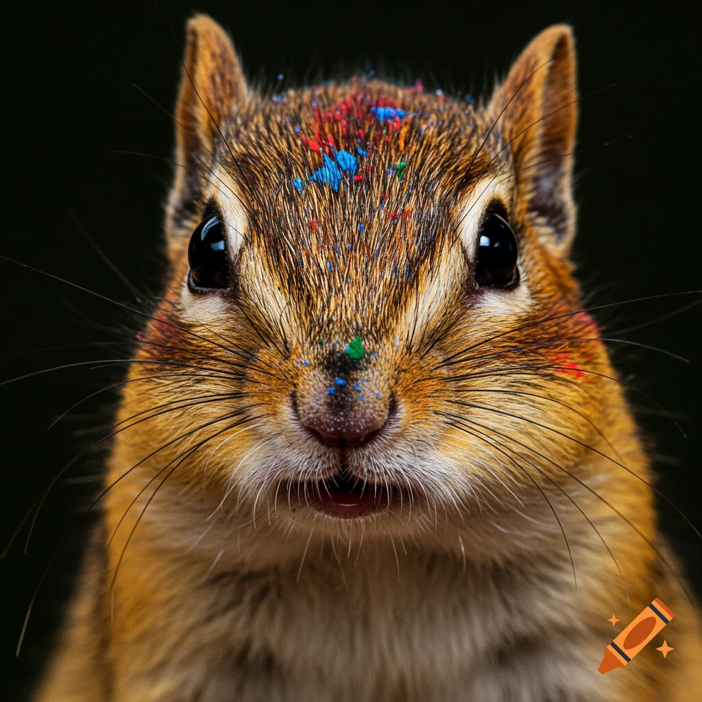 Extreme close-up of a chipmunk's face covered in colorful paint spots ...