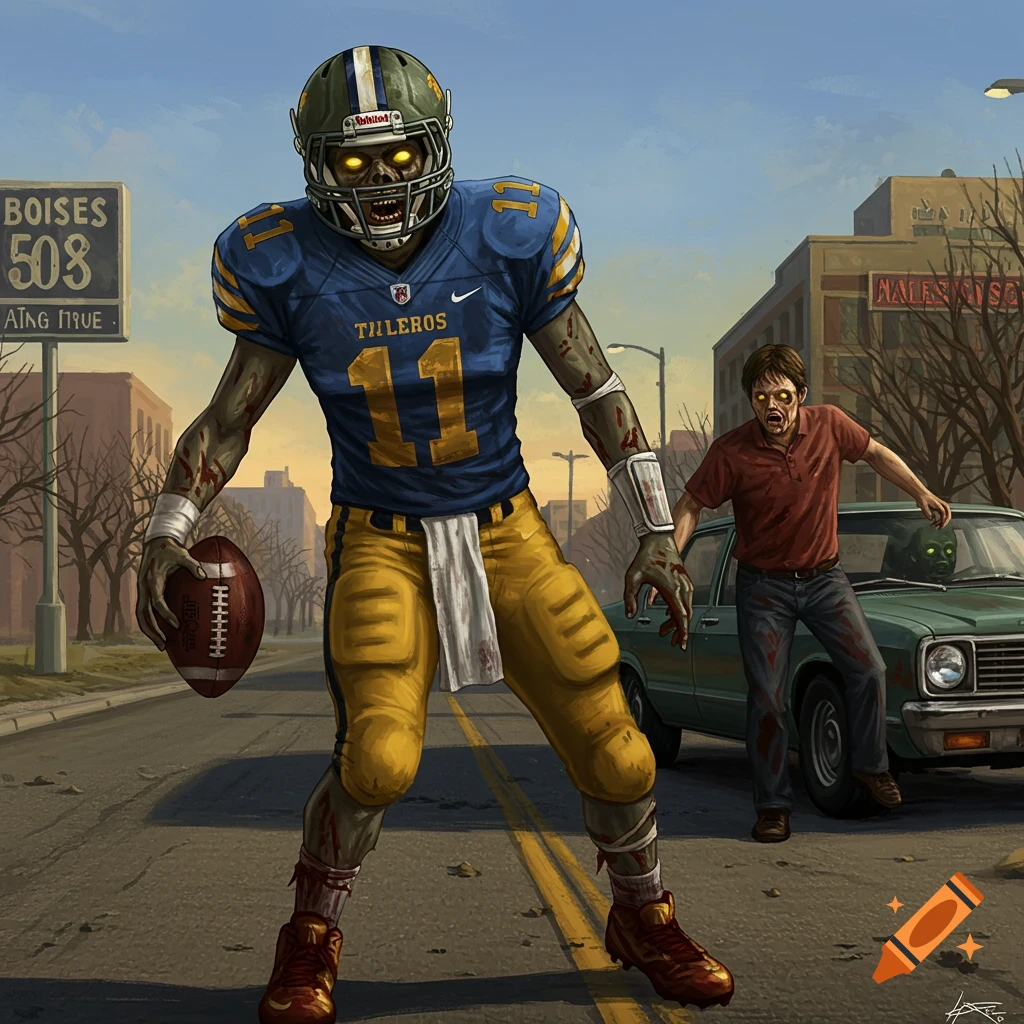 Zombie football player chasing human in Boise, Idaho on Craiyon