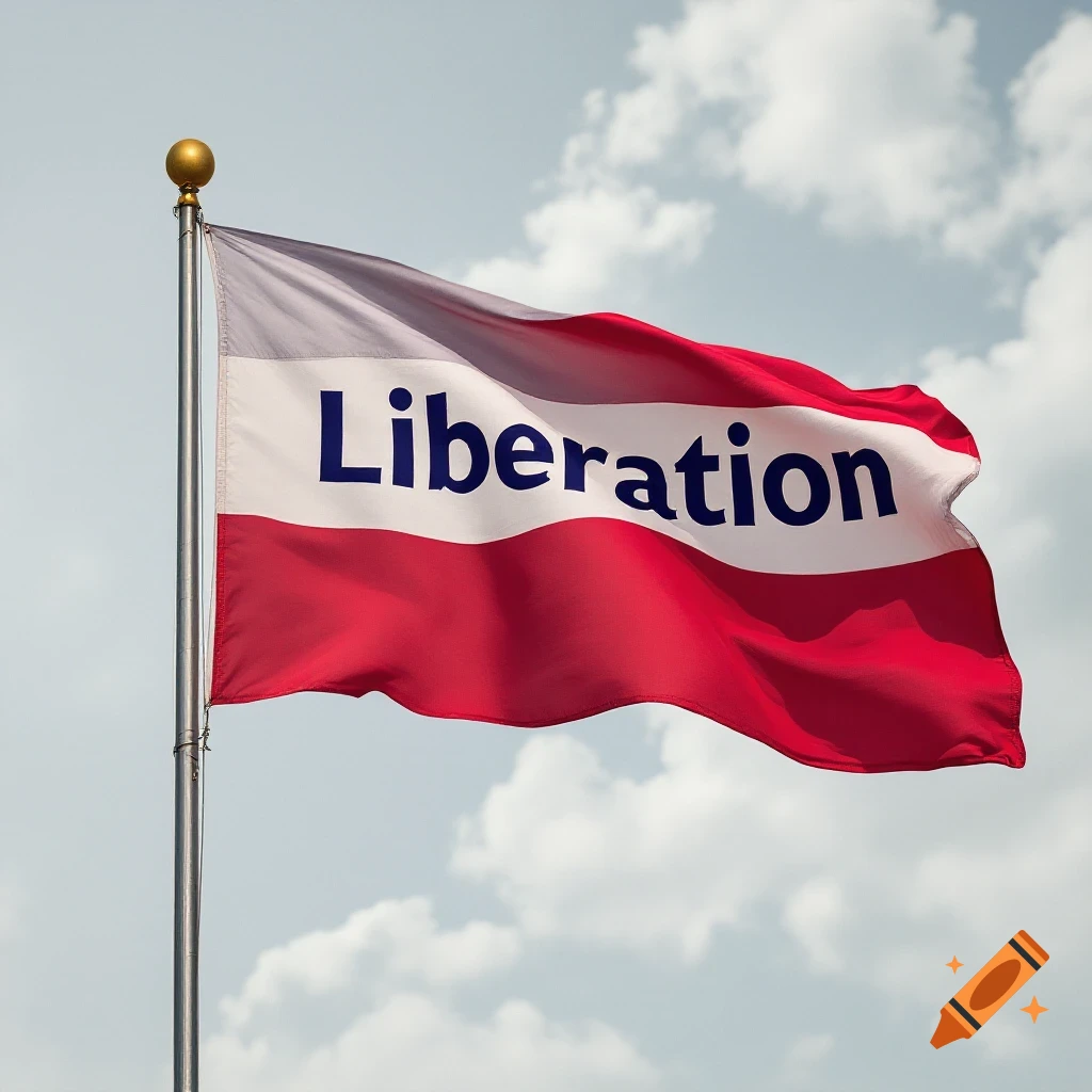 A flag with the word Liberation written on it waves in the sky. on Craiyon