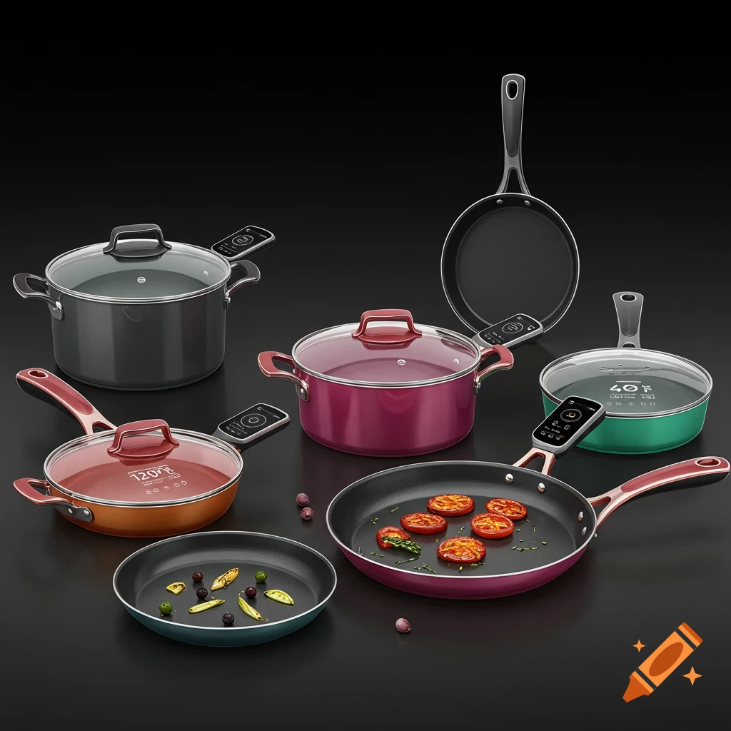 A variety of kitchen pots and pans with touch screens, some containing ...