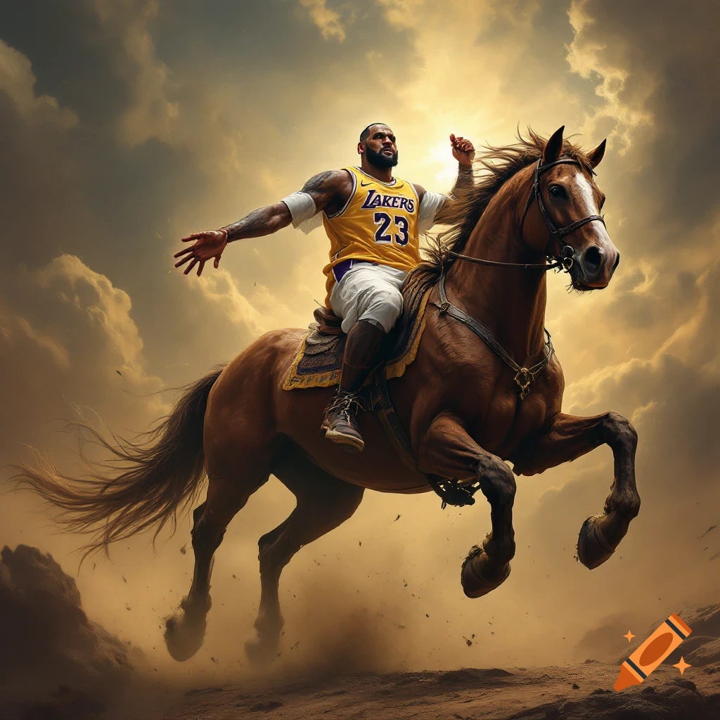LeBron James rides a horse through a dramatic, cloudy landscape. on Craiyon