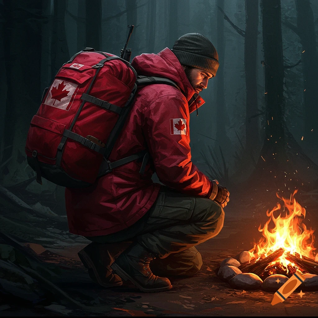 Man in red survival jacket near campfire, Canadian flags visible, DayZ ...