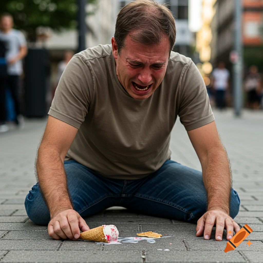 Middle-aged man crying after dropping ice cream on Craiyon