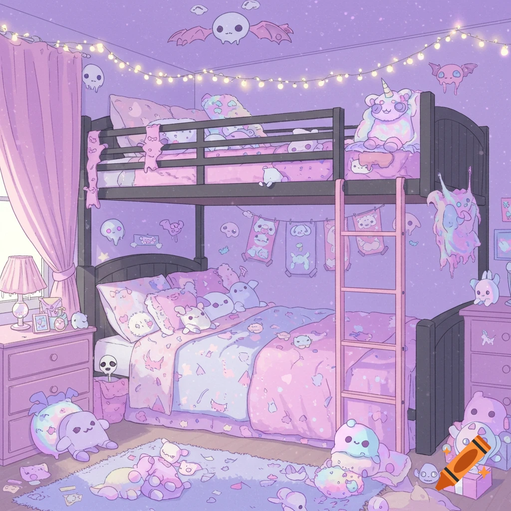 Cutecore pastel goth bedroom with bunkbed on Craiyon