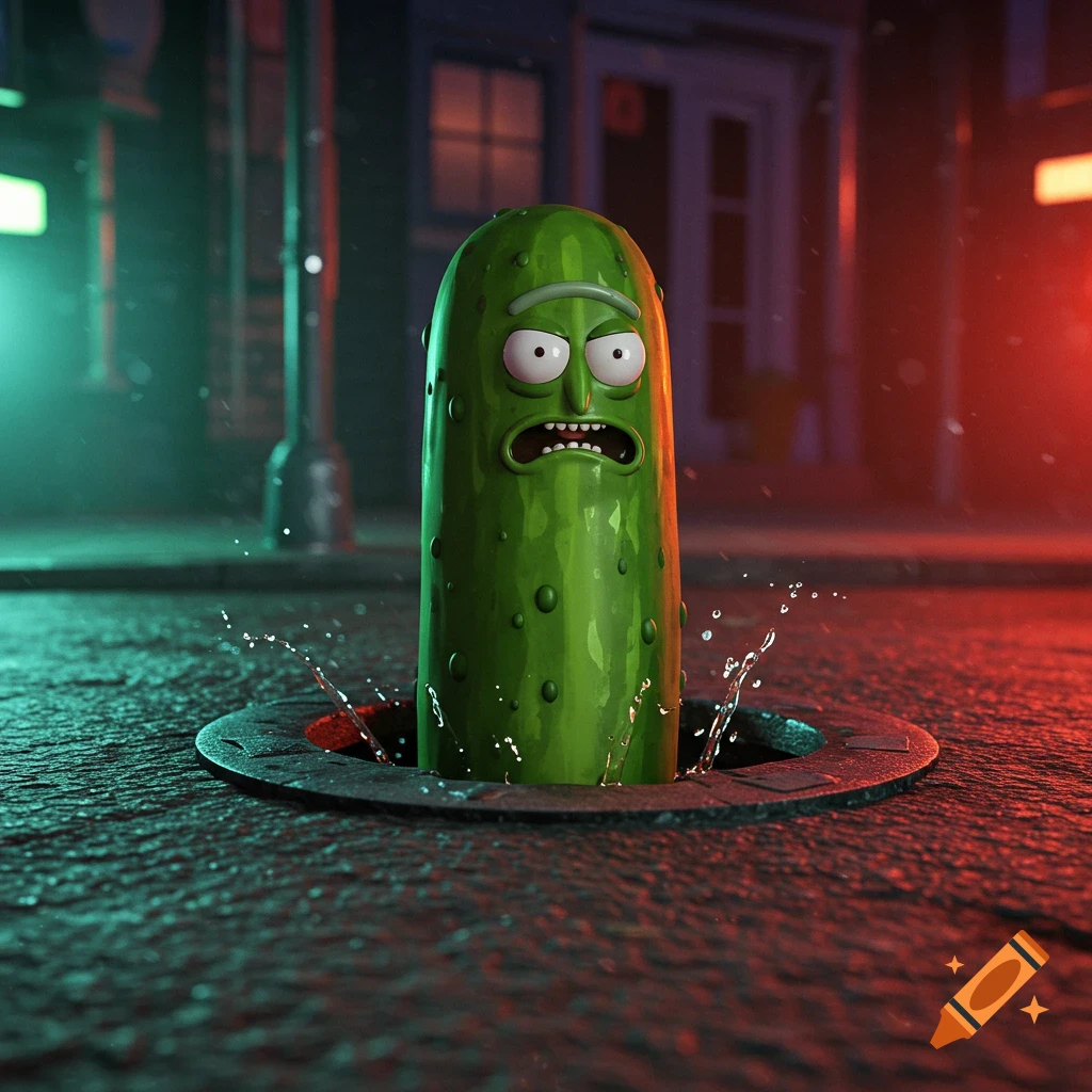 Pickle Rick emerges from a manhole on a wet street on Craiyon