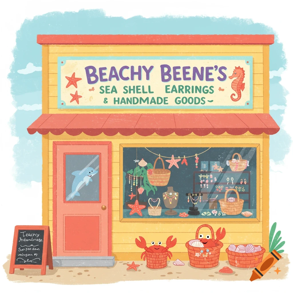 Cartoon storefront for Beachy Beene’s Sea Shell Earrings and Handmade ...
