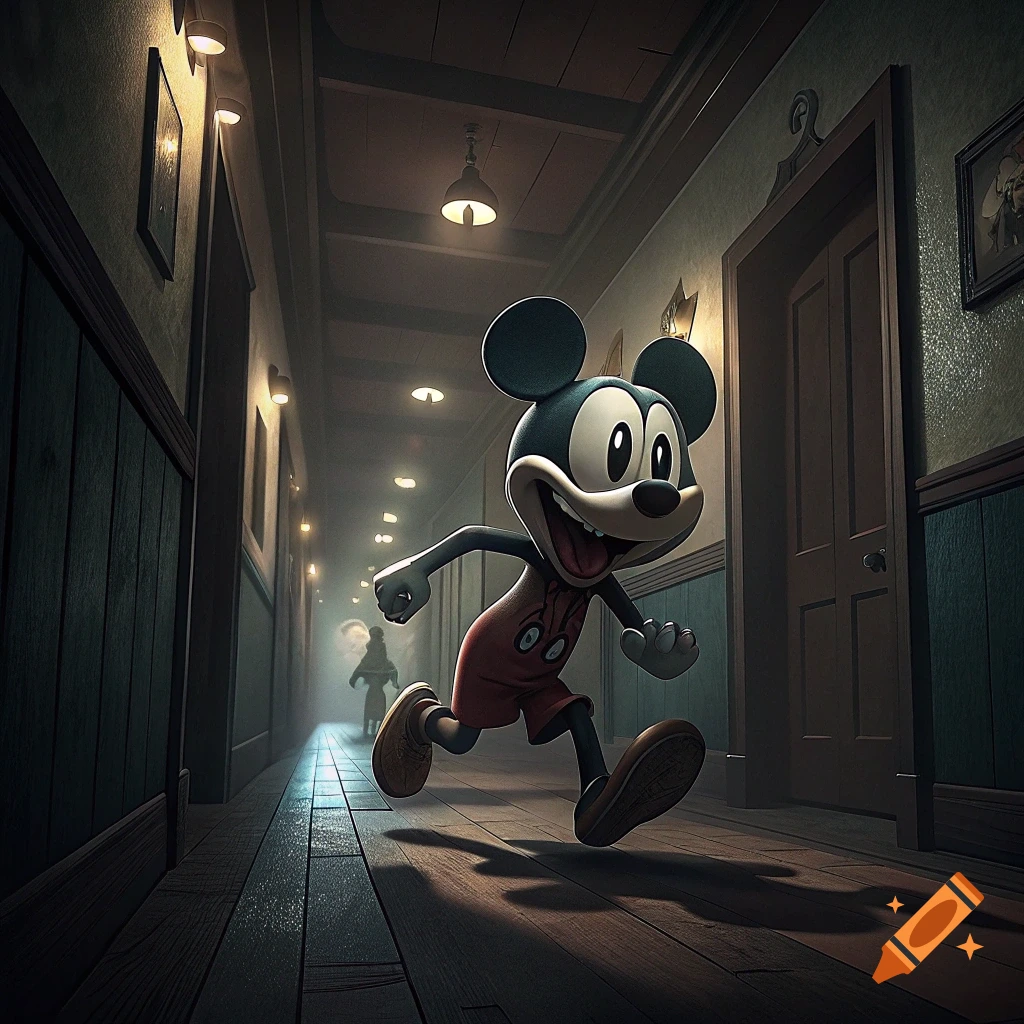 Stylized image of a scary Mickey Mouse running down a dark hallway with ...